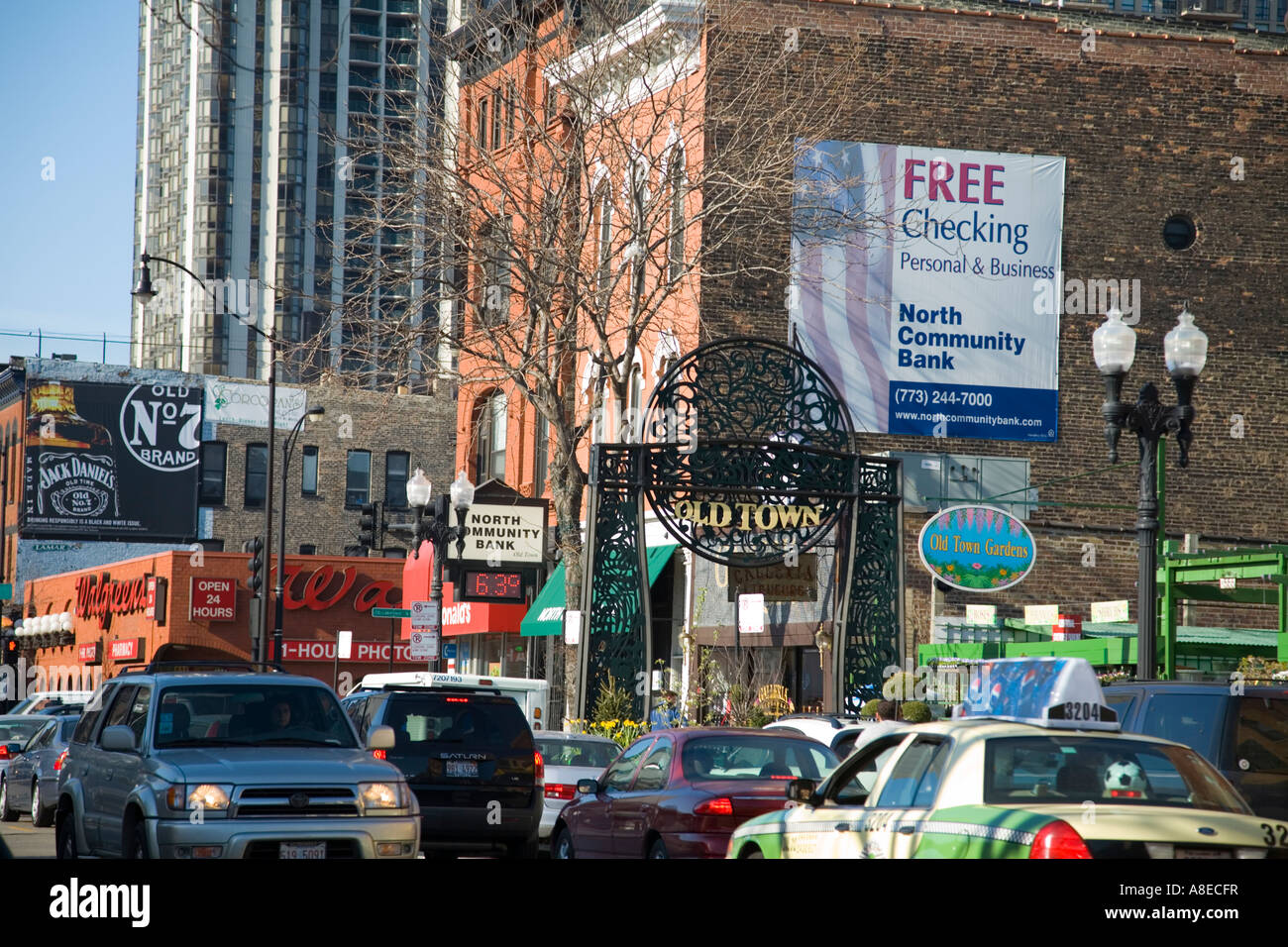 CHICAGO Illinois Old Town sign traffic on Wells Street stores busy area ...