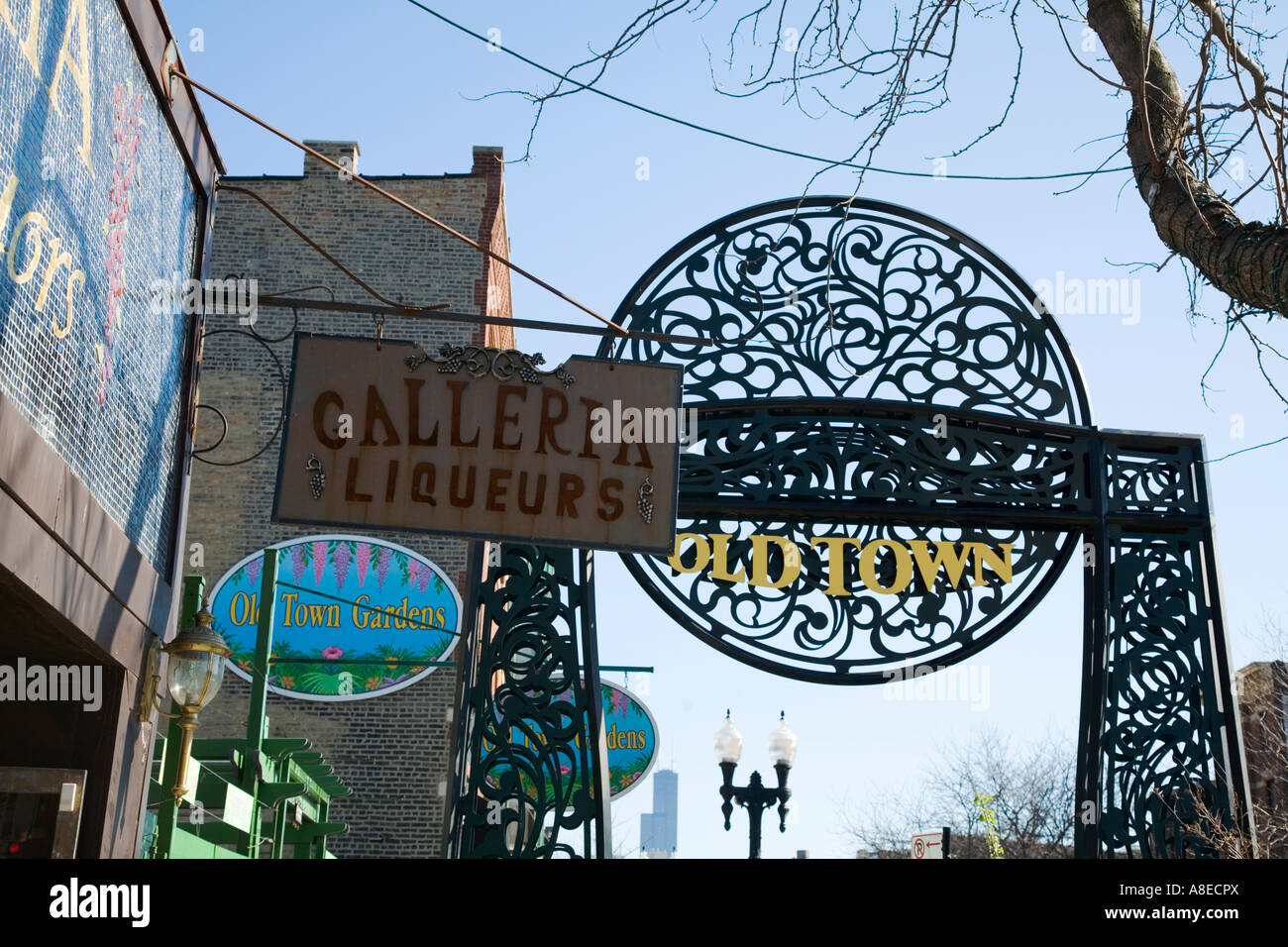 CHICAGO Illinois Old Town circular metal sign over sidewalk in ...