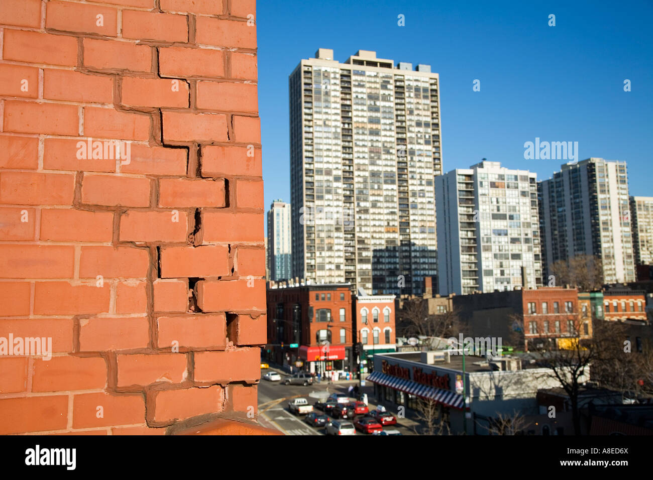 CHICAGO Illinois Loose bricks in wall business along North Avenue in ...