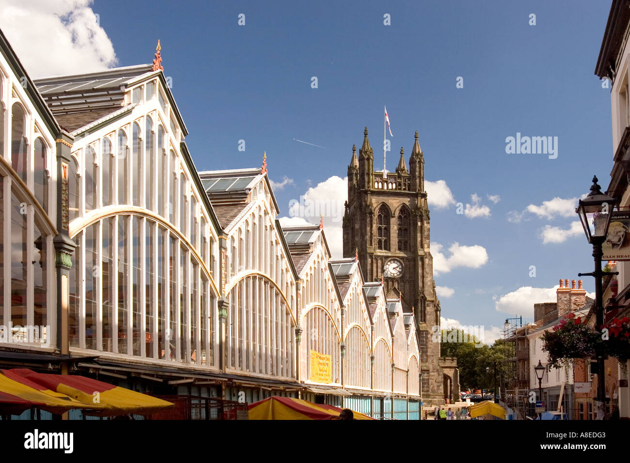 Cheshire Stockport Town Centre Market Place Market Hall roof and St ...