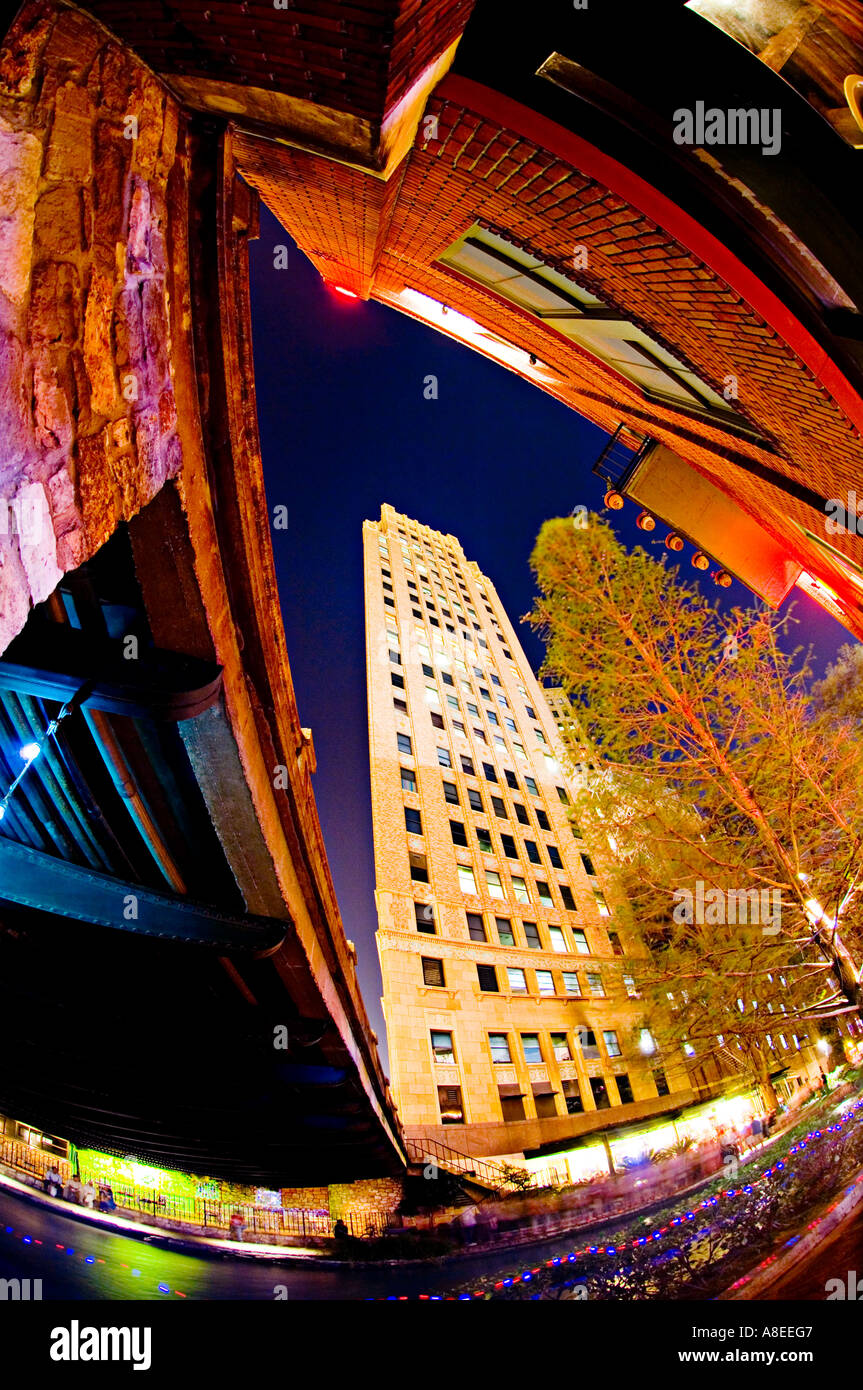 fish eye view looking up at buildings from River Walk in San Antonio ...