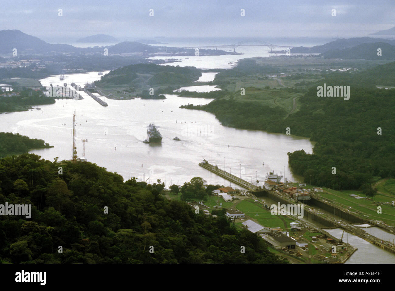 An aerial view of two of the locks on the Panama Canal looking towards ...