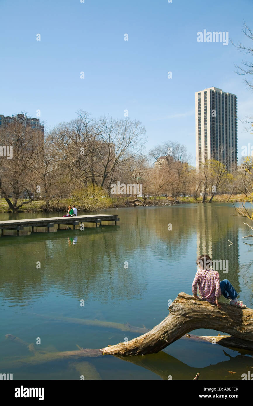 CHICAGO Illinois Young girl sit on fallen log in water of Lincoln Park ...
