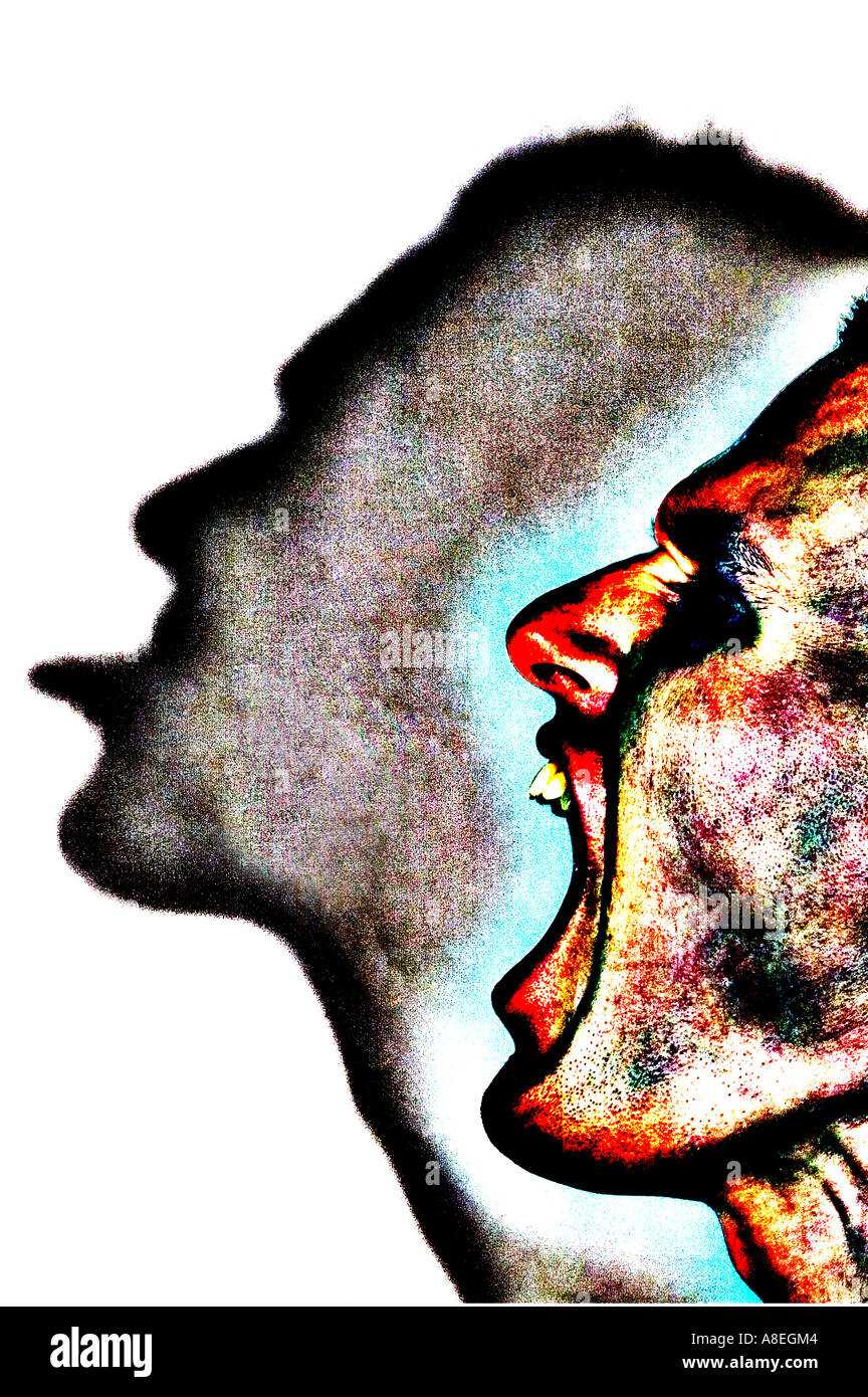 Demoniac man screaming while his shadow is sticking his tongue out ...