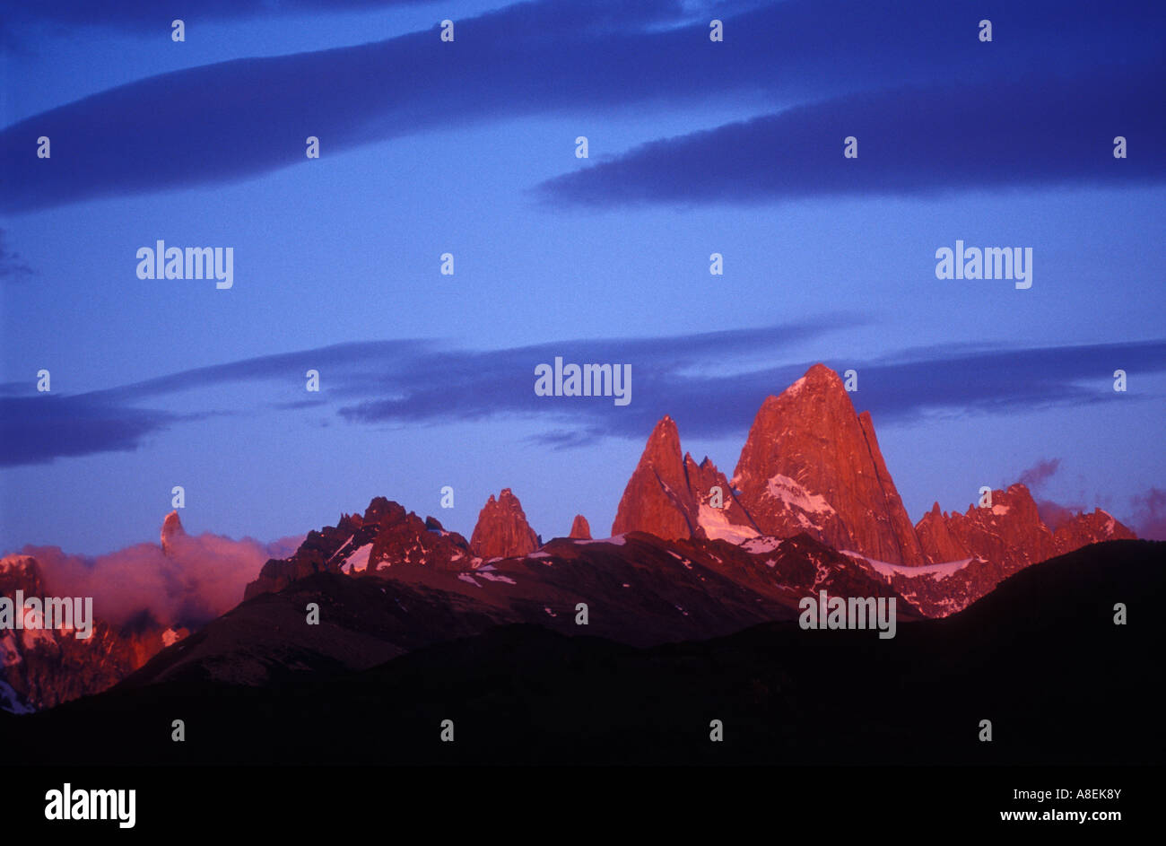 Alpenglow Mount "Fitz Roy" (3405m) also called “Chalten”. Granite Peak ...