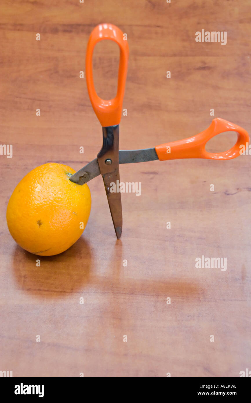 Stock photo of an orange stabbed by a pair of scissors Stock Photo - Alamy
