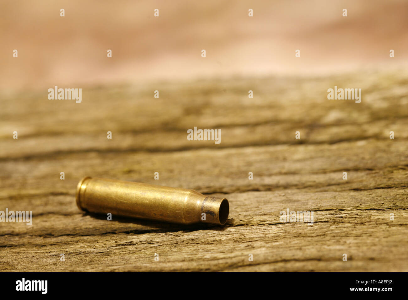 Fired rifle cartridge lying on a wooden floor. 308 762 rifle cartridge ...