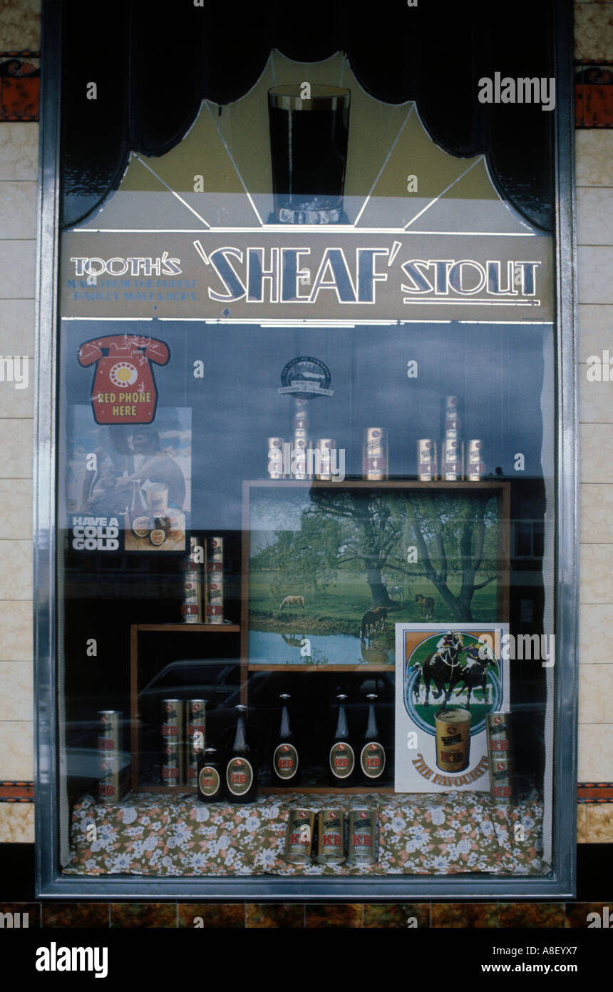 Display in a pub window advertising 'Tooths' Sheaf Stout, Sydney ...