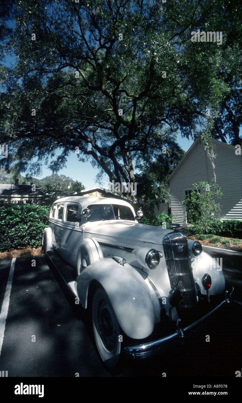 Big white oldtimer parking under a tree Stock Photo - Alamy