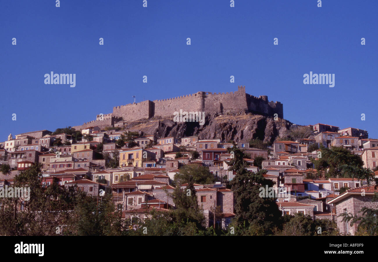 Greece Lesvos View of Molyvos with castle Stock Photo - Alamy