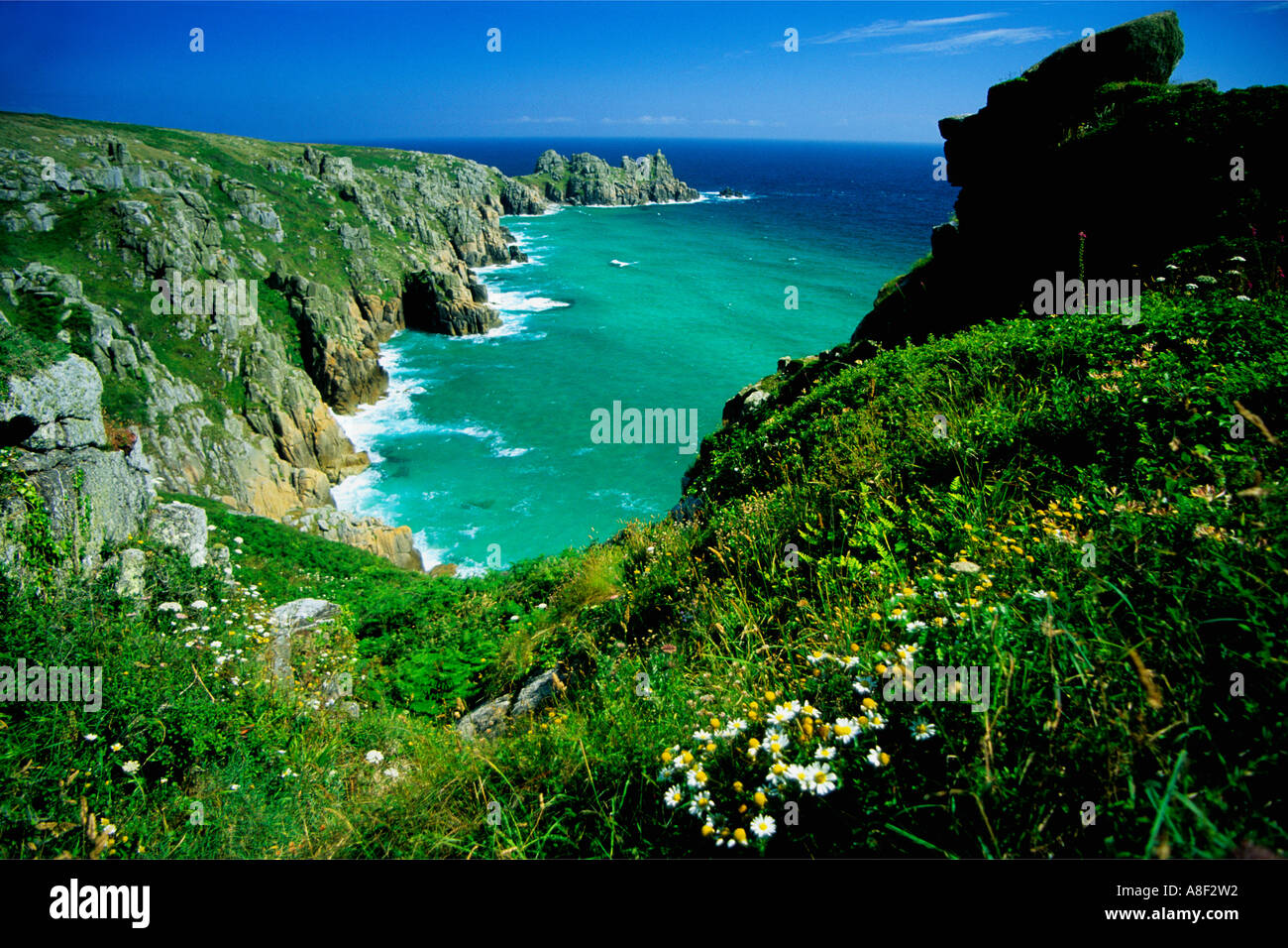 Pednvounder Pedn Vounder cornish beach turquoise seas in summer sun ...