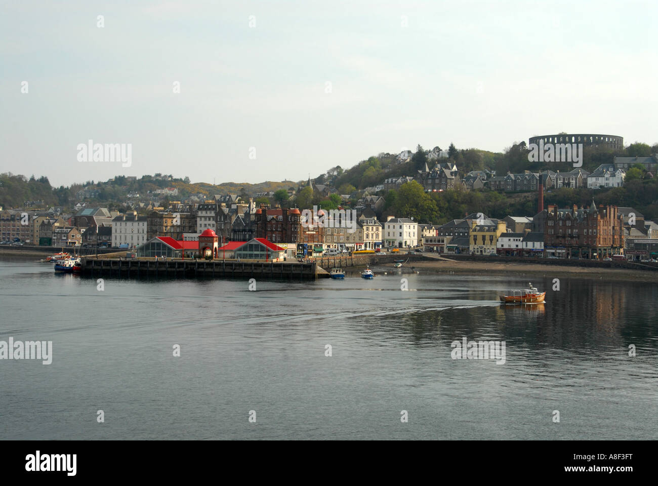 Skyline of Oban and harbour on the west coast of Scotland. It is the ...