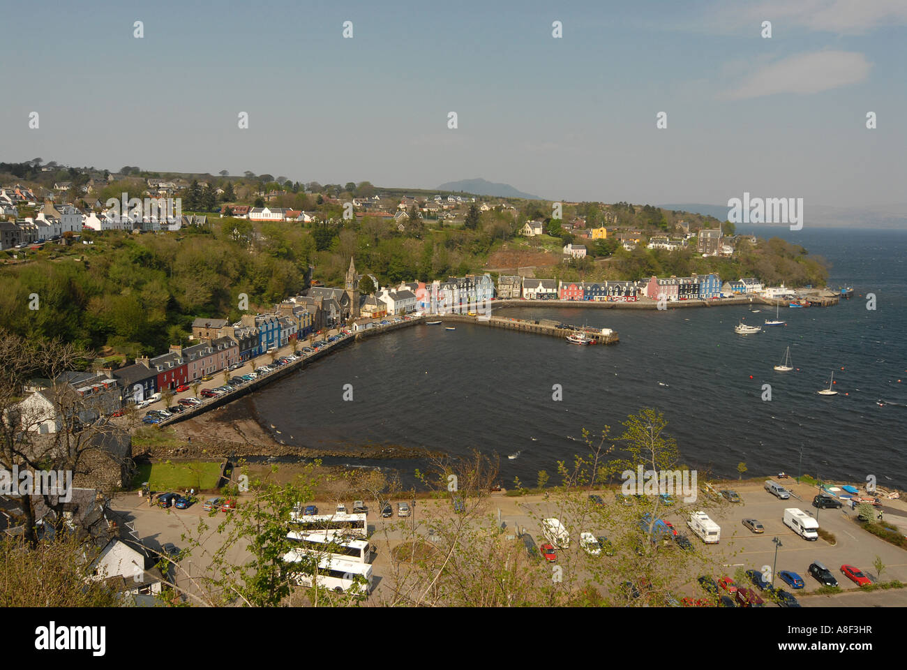 A high view of Tobermory and harbour with its colourful seafront ...