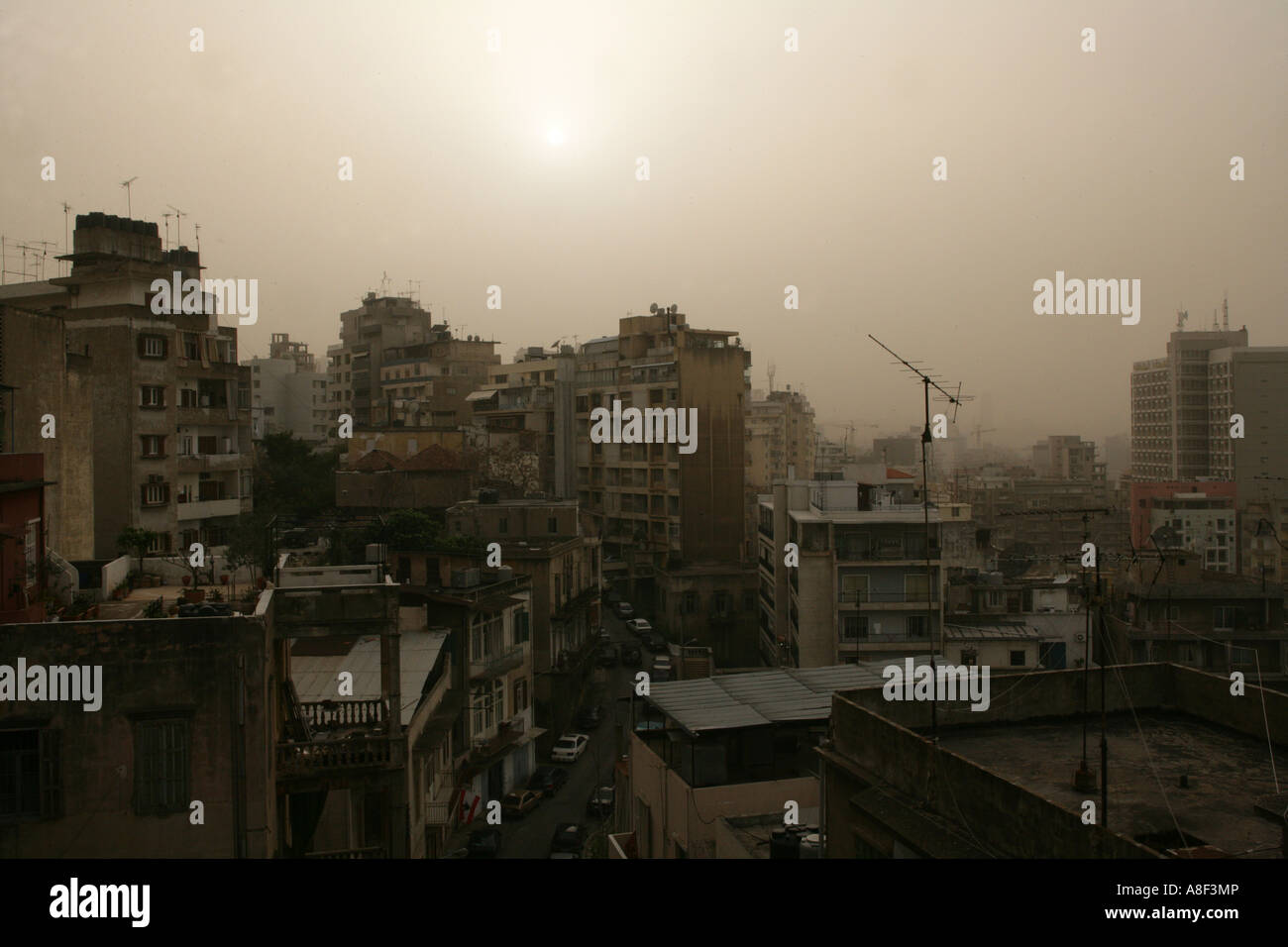 Hazy rooftop and skyline cityscape during khamsin storm, Beirut ...