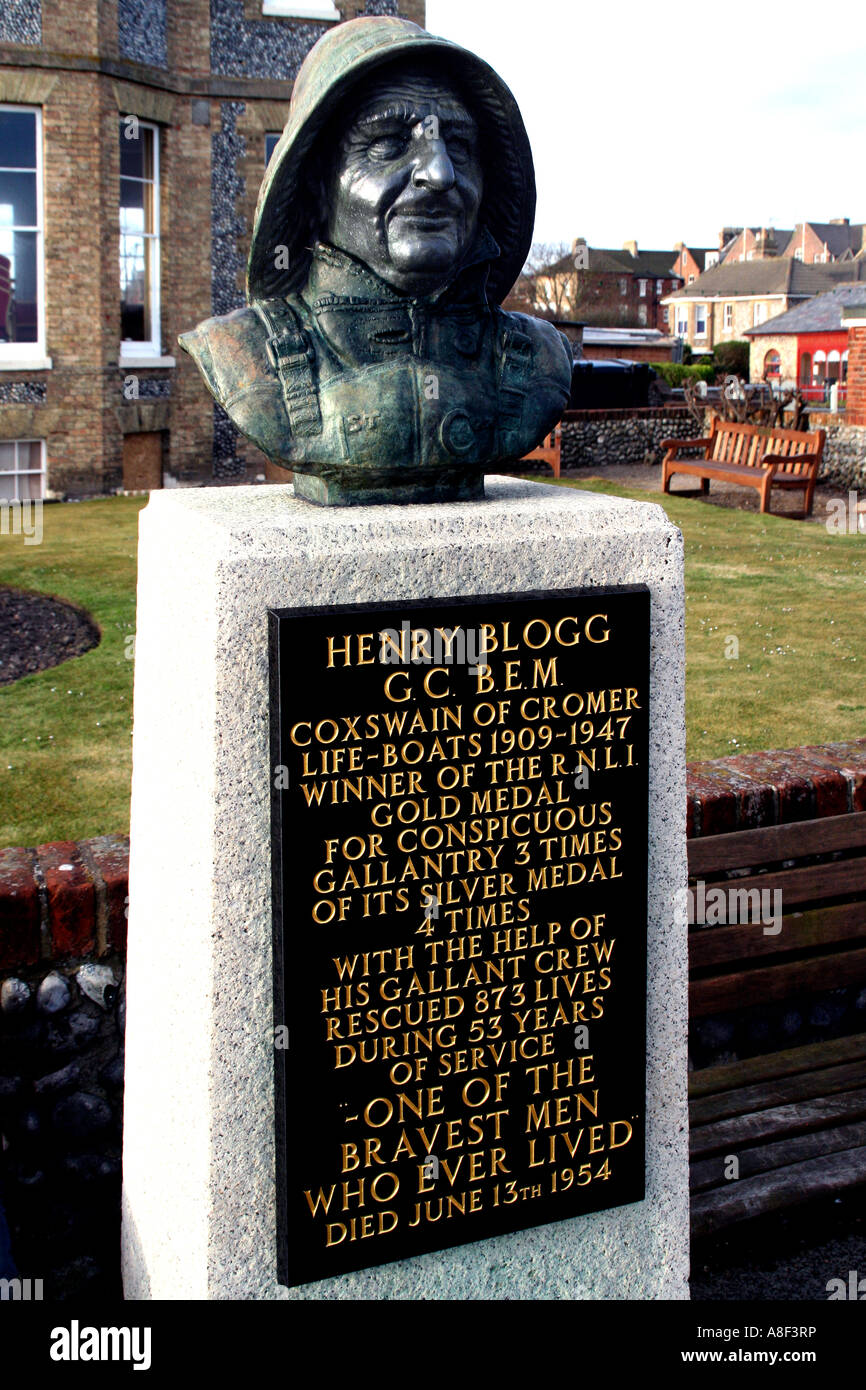 A bust of lifeboatman Henry Blogg on the promenade at Cromer Norfok UK ...