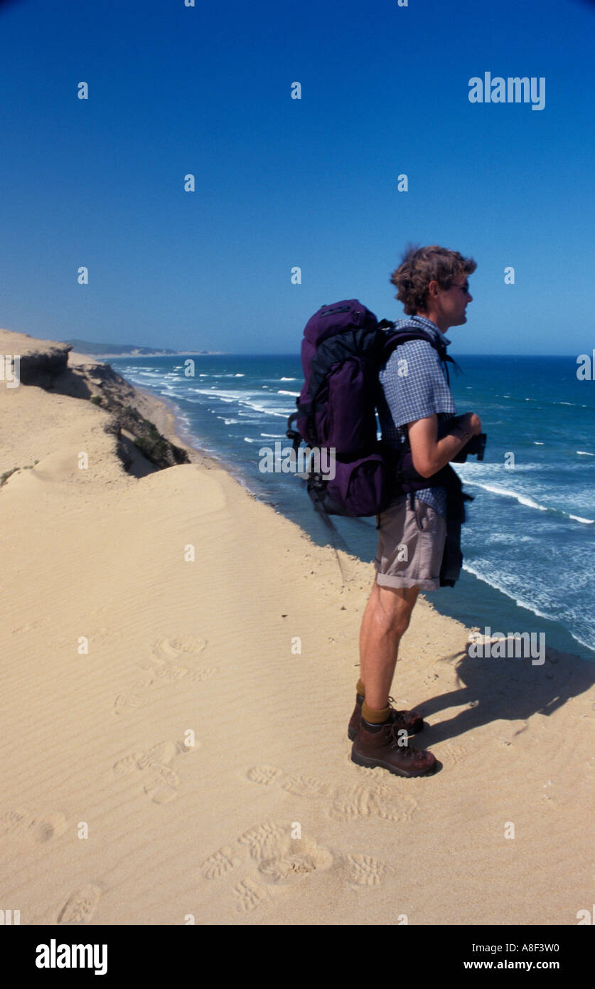 A hiker observes the view from the top of a dune cliff in South Africa ...