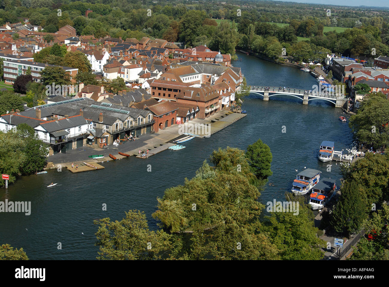View of the river Thames with Eton on the left bank and Windsor on the ...