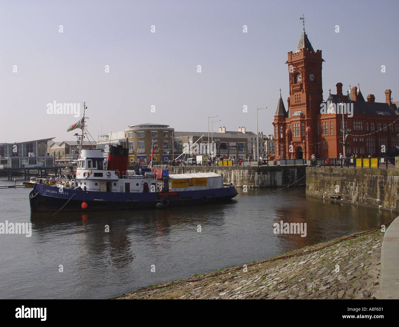 The tug HMRT Golden Cross moored at Cardiff Bay with the Pierhead ...