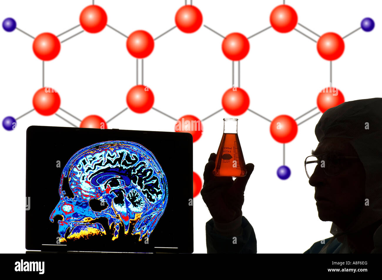 chemistry researcher working in lab showing human skull x-ray on ...