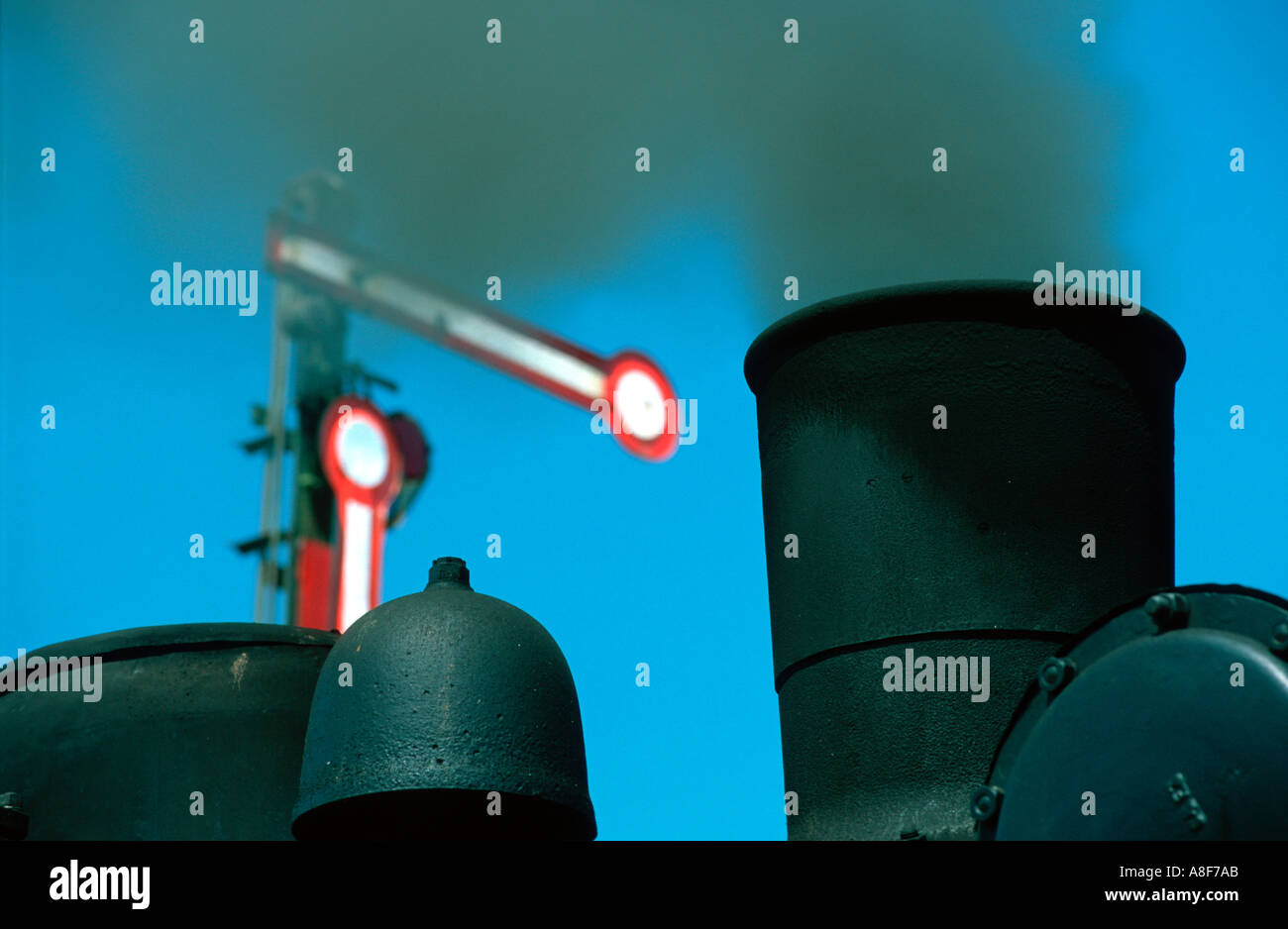 Steam train funnel of locomotive and signal, Wutachtalbahn ...