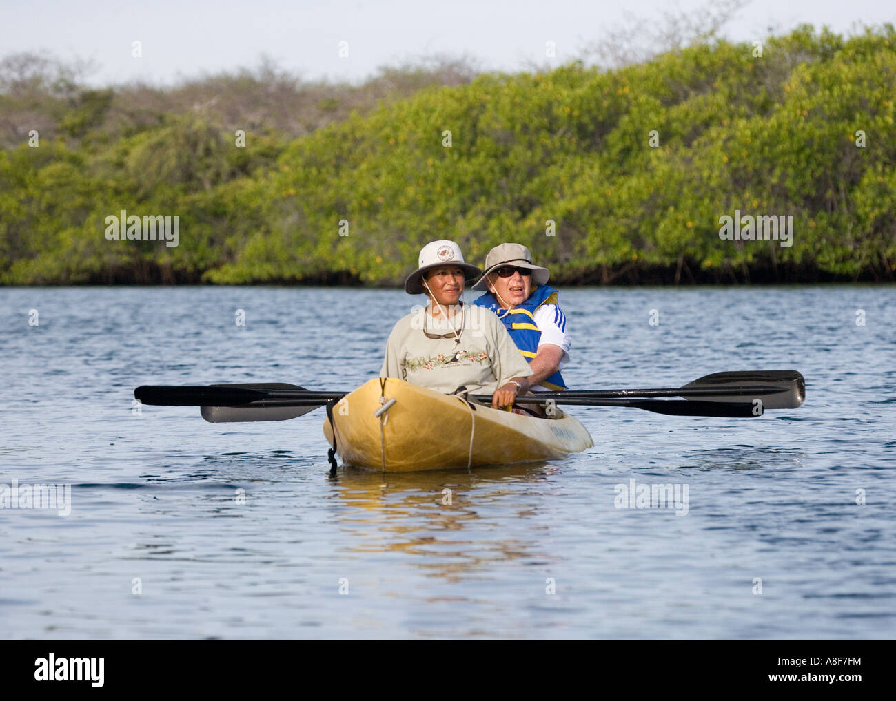 A tourist with official tourist guide in a canoe off the coastline at ...