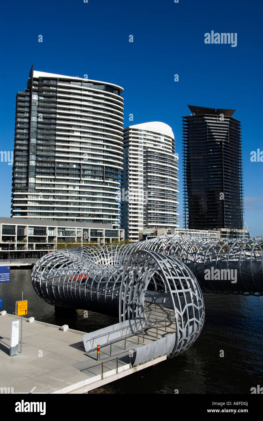 View of spectacular new steel Webb Bridge over Yarra River in Docklands ...