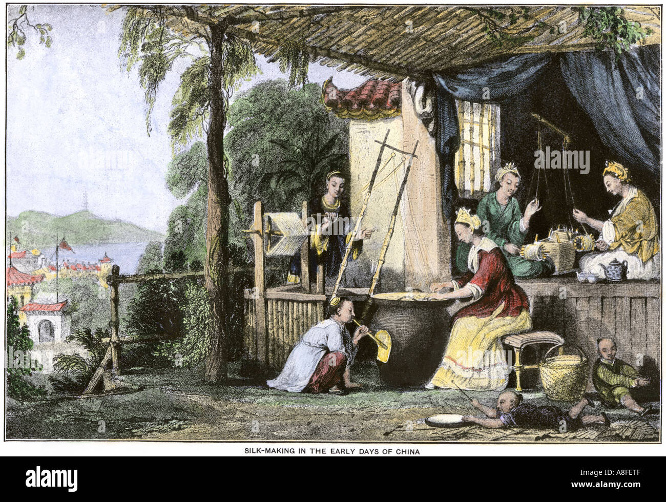 Silk making in the early days of China. Hand-colored halftone of an ...