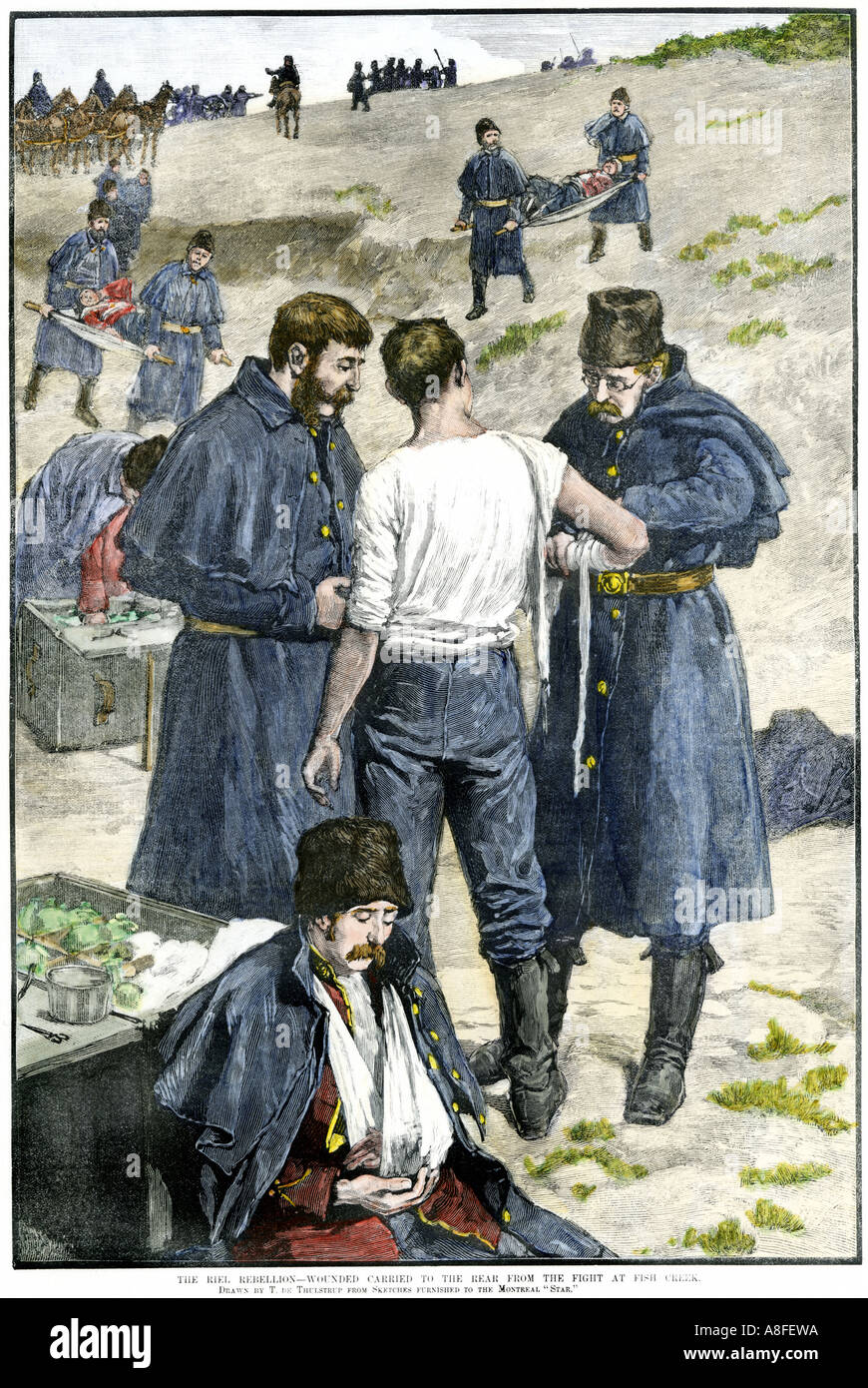 Riel Rebellion wounded Canadian Mounties carried from the battle at ...