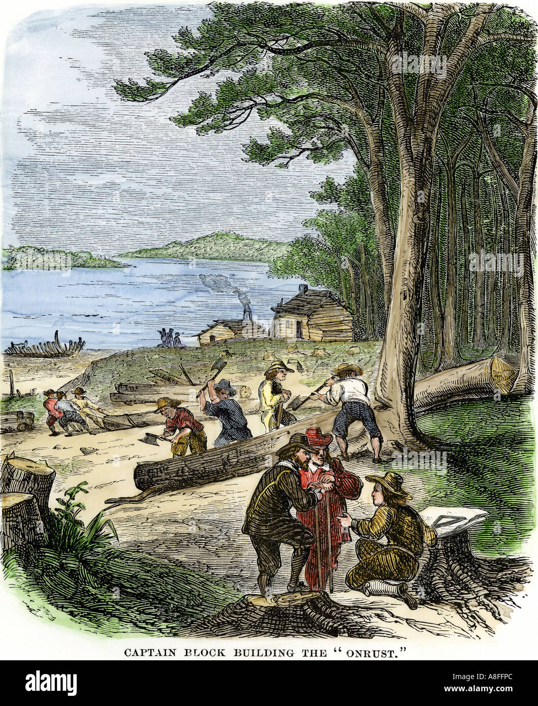 Shipwrecked Captain Adrian Block building a ship on Narragansett Bay ...