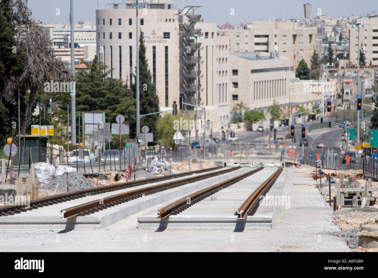 Stock photo of train tracks being installed for future Jerusalem urban ...