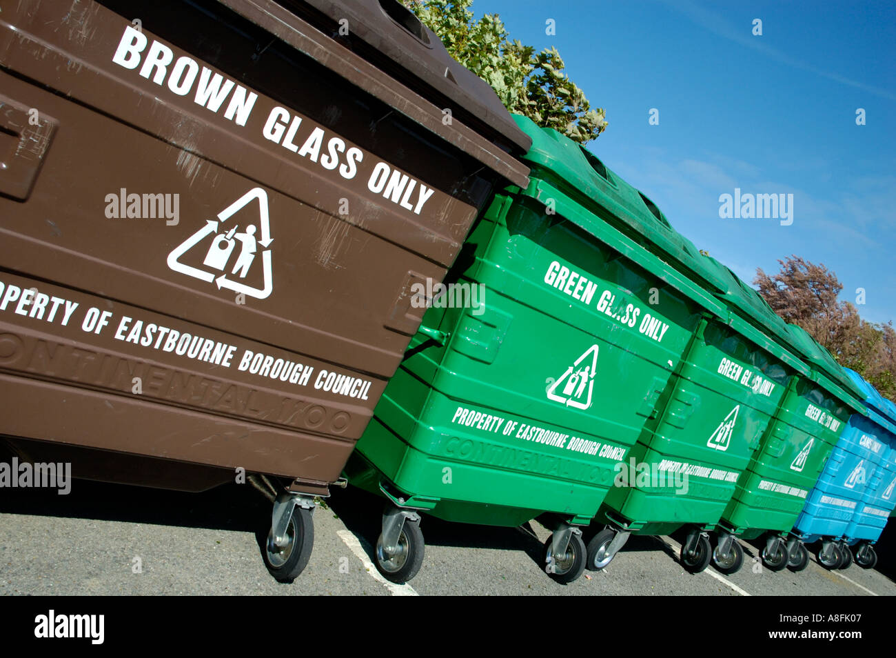 Recycling bins for glass/bottle bank UK Stock Photo - Alamy