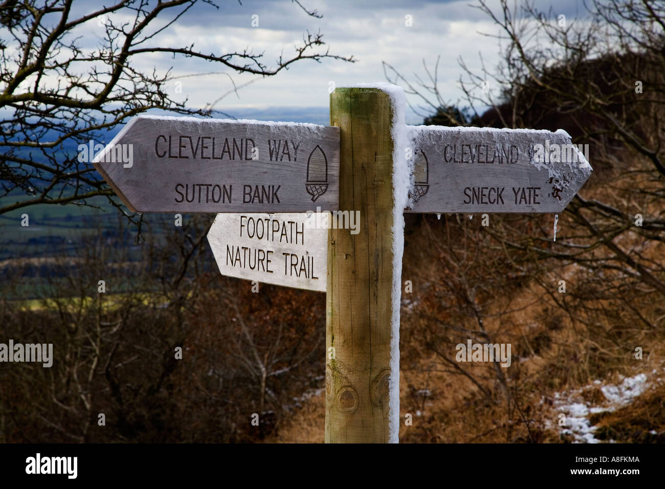 Frozen Cleveland Way Sign on Sutton Bank North Yorkshire England Stock ...
