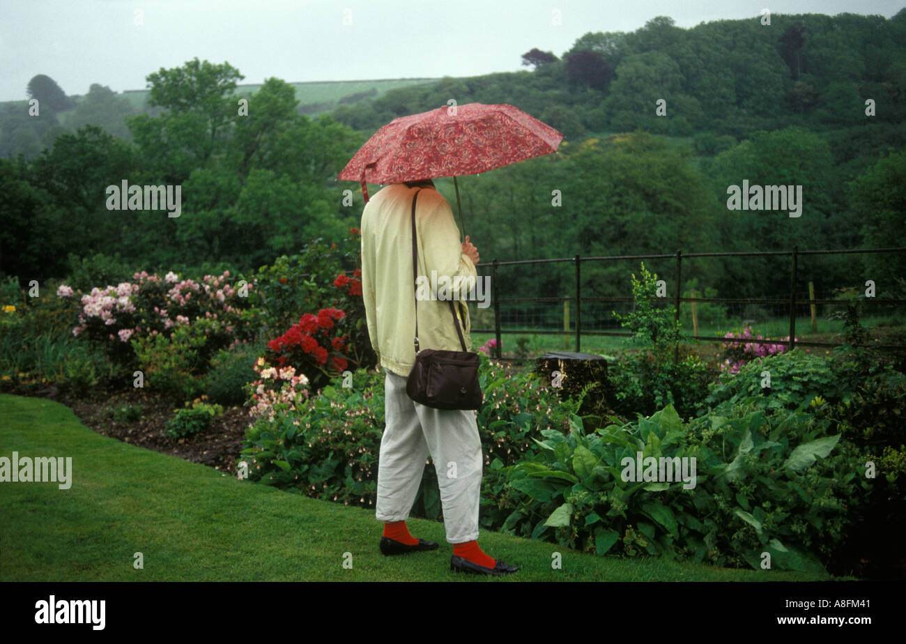 Rain uk raining England woman under an umbrellas Broad Oak village ...