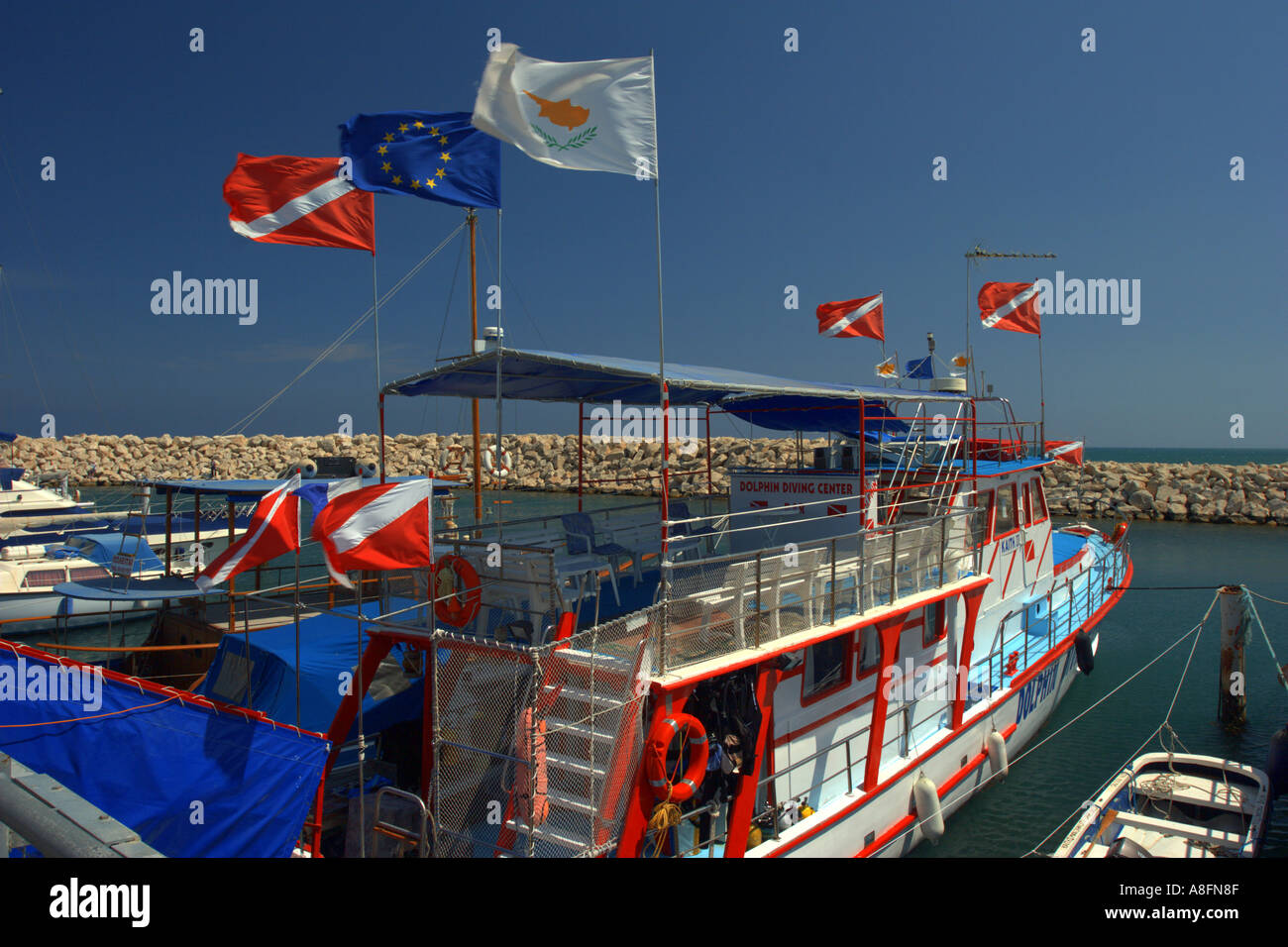 The Dolphin Dive Center boat at Larnaca Marina Cyprus Stock Photo - Alamy