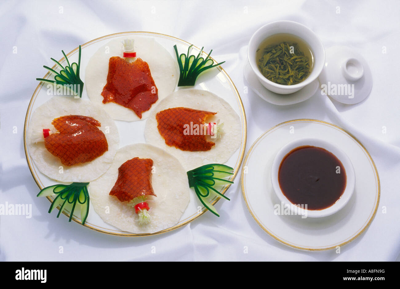 Peking duck crispy duck skin served with sauce and pancake sequence ...