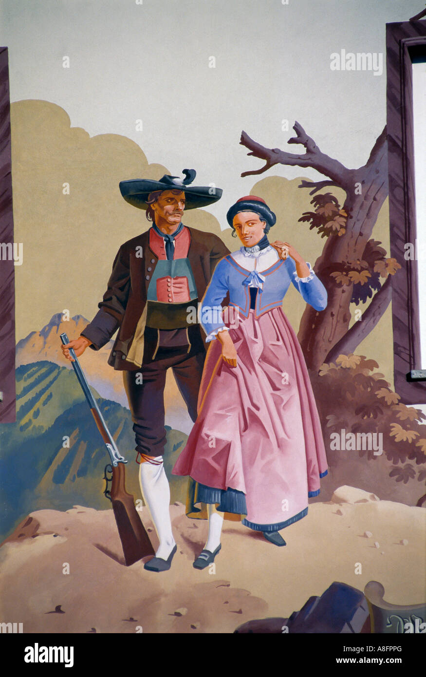Traditional wall painting of hunter couple in Garmisch Partenkirchen ...