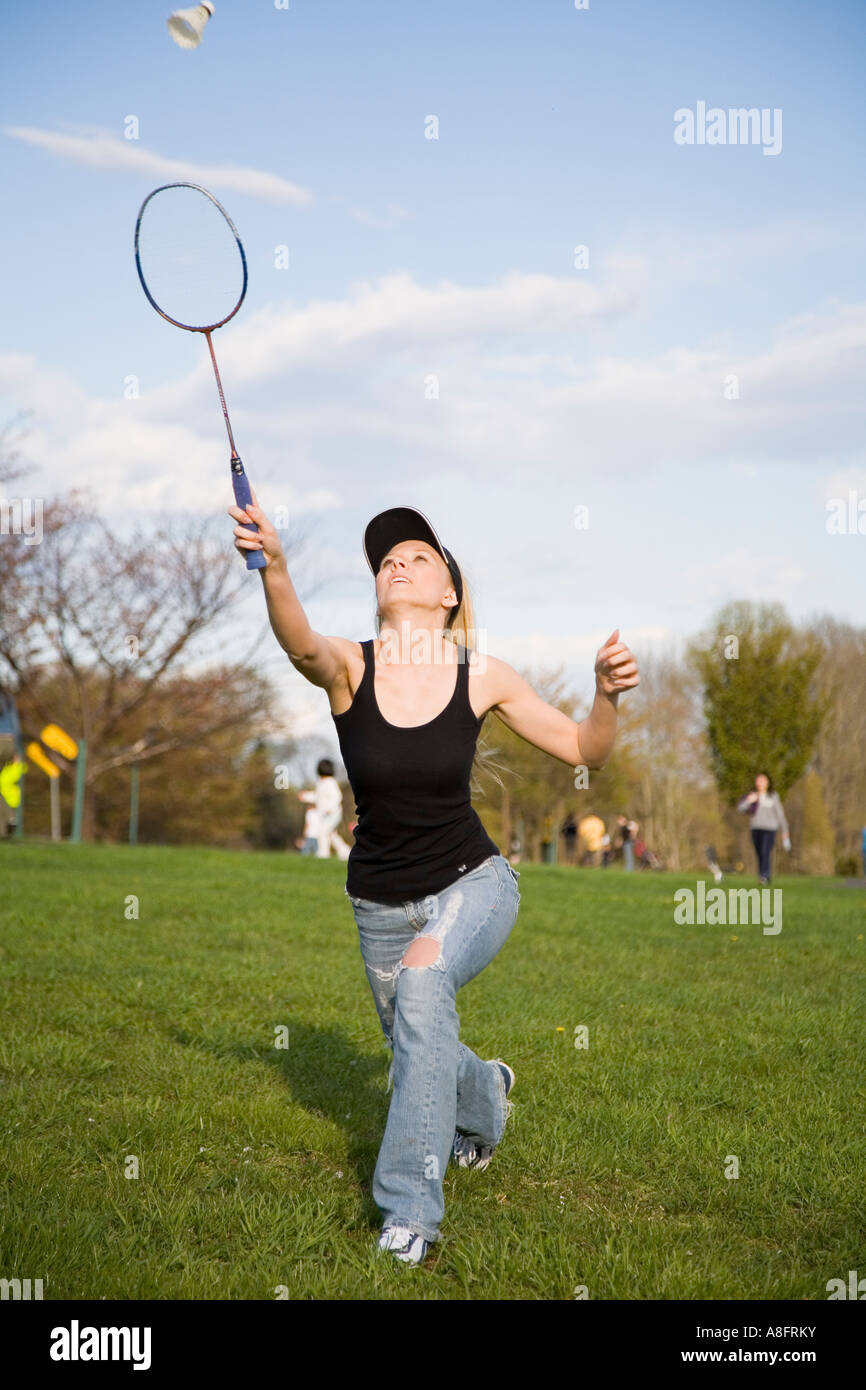 Beautiful Girl Playing Badminton Stock Photo - Alamy
