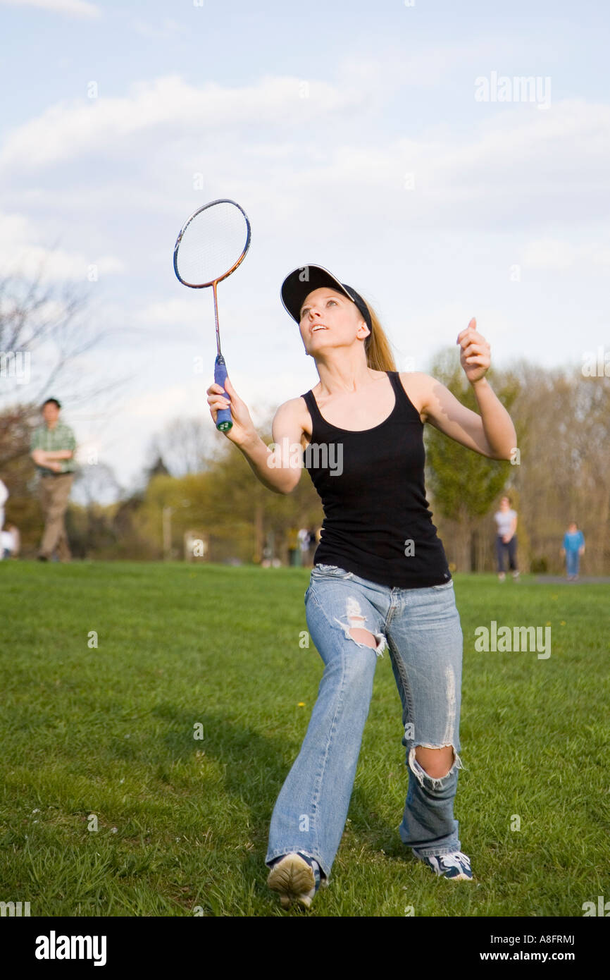 Beautiful Girl Playing Badminton Stock Photo - Alamy