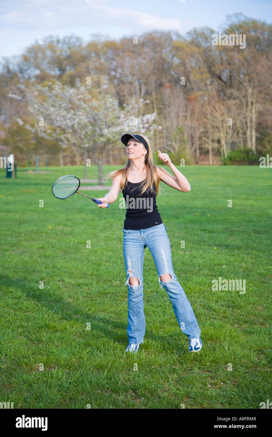 Beautiful Girl Playing Badminton Stock Photo - Alamy