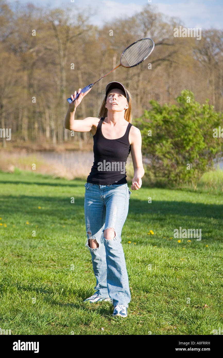 Beautiful Girl Playing Badminton Stock Photo - Alamy