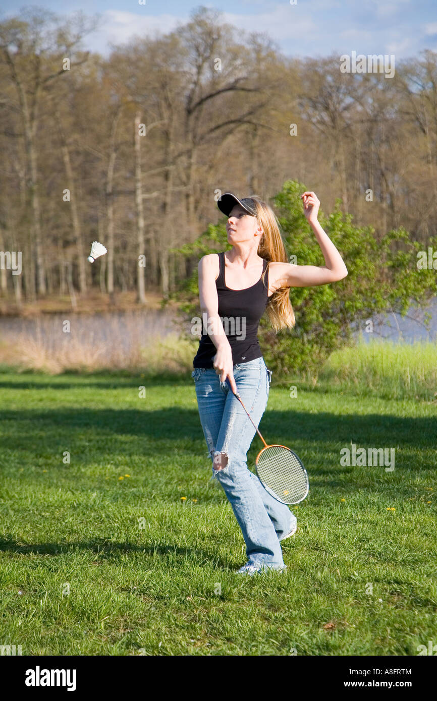 Beautiful Girl Playing Badminton Stock Photo - Alamy