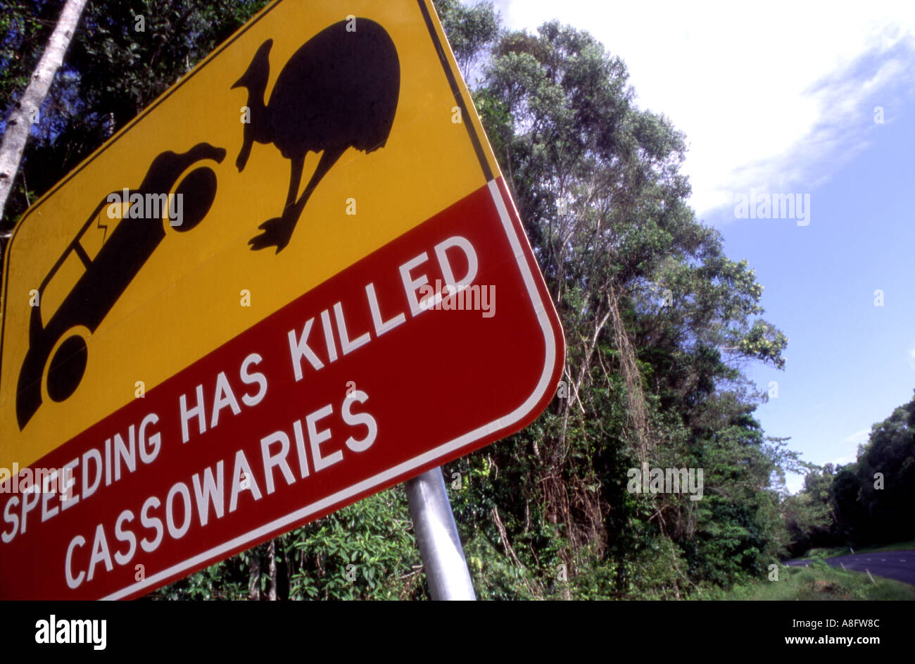 A road sign depicting the danger to cassowaries crossing near Mission ...