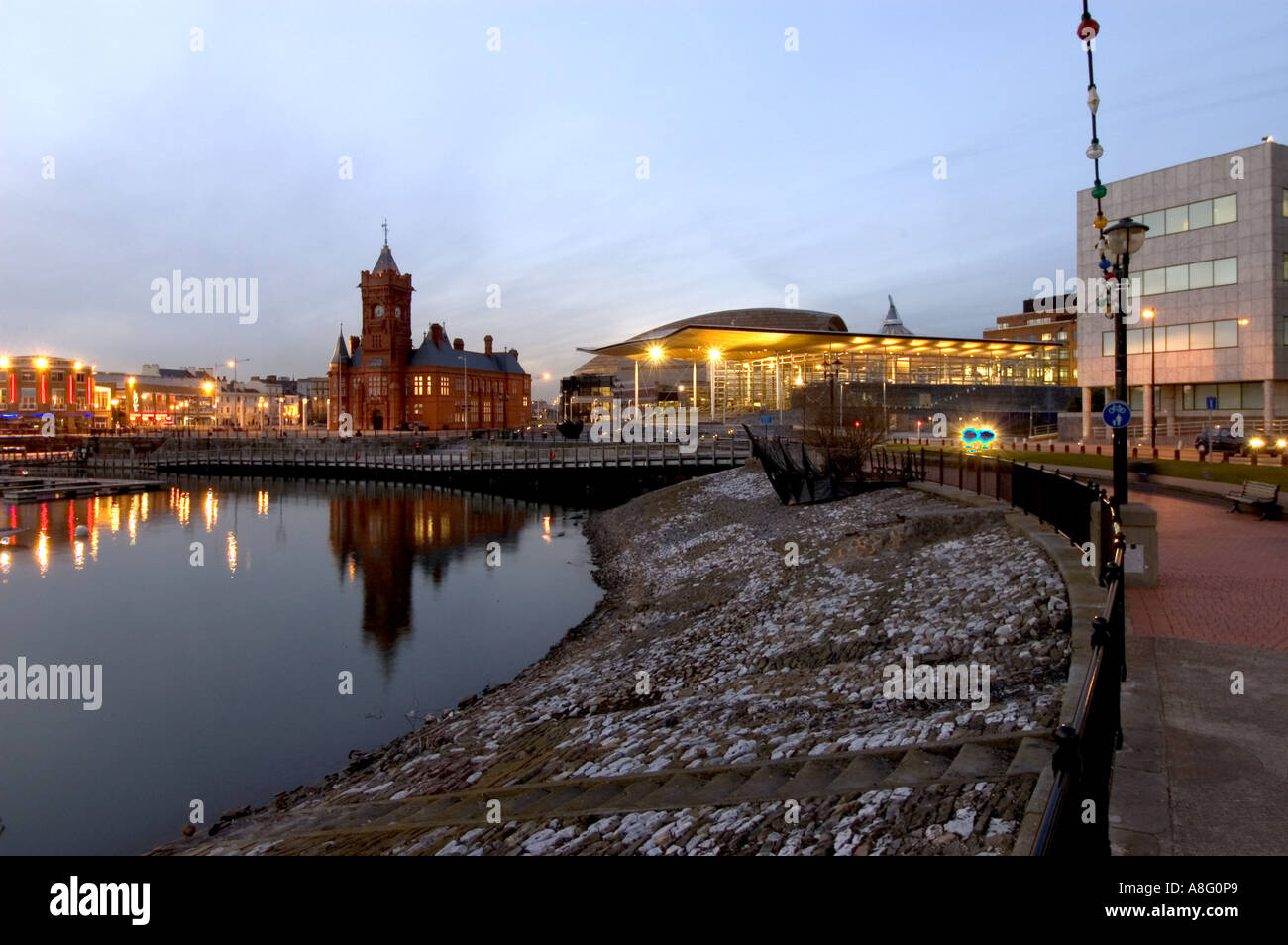 February 2006 Cardiff Bay Waterfront at Dusk from l r Mermaid Quay Bute ...