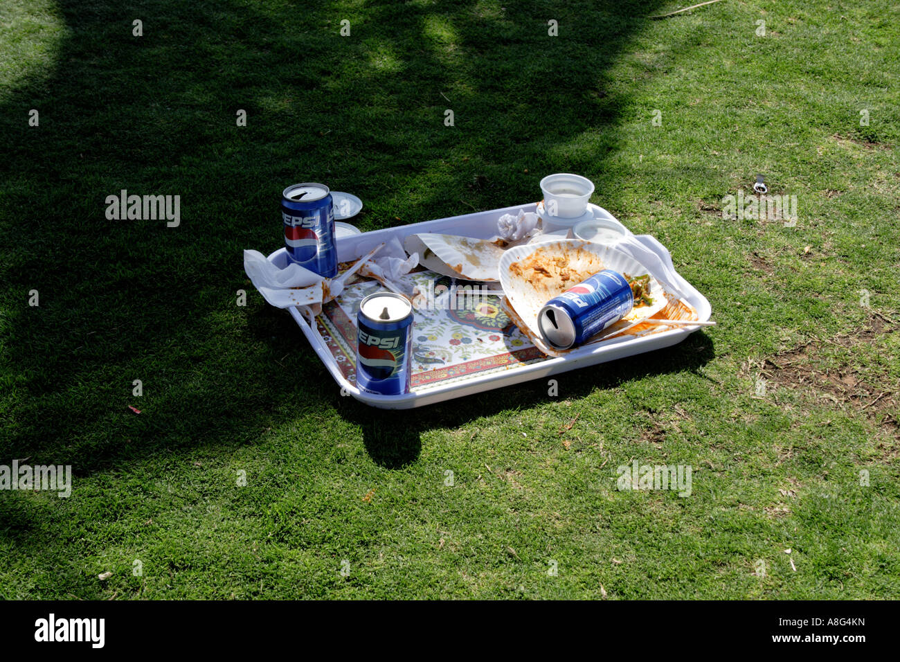 Mc Donalds fast food garbage on lawn at the city Rash al Khaimah ...