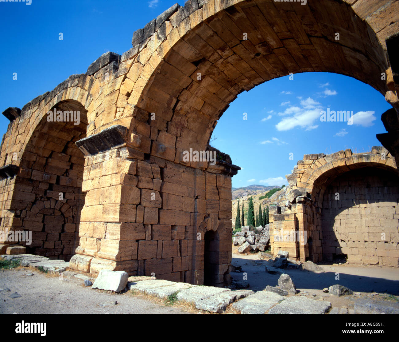 An historic stone arch in the ruins of Hieropolis, Turkey Stock Photo ...