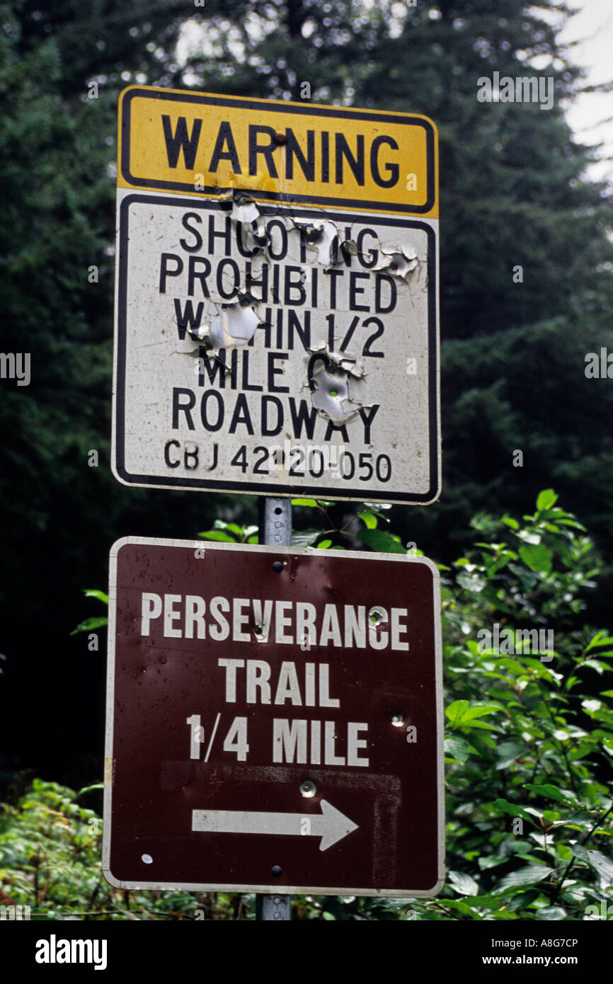 Bullet-riddled signs near Perseverance Trail, Juneau, Alaska, USA Stock ...