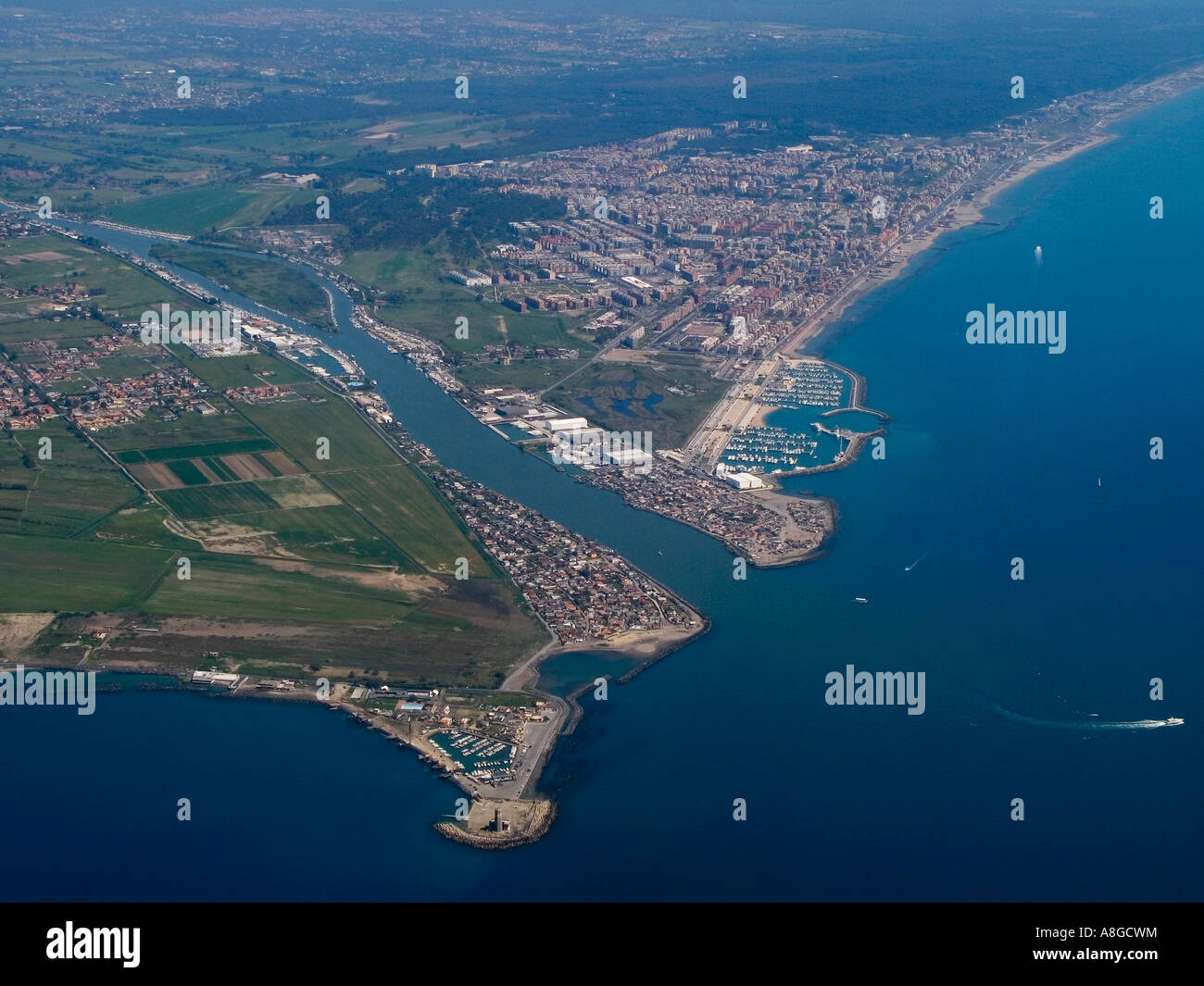 Aerial view of Fiumicino area from plane after take off from Fiumicino ...
