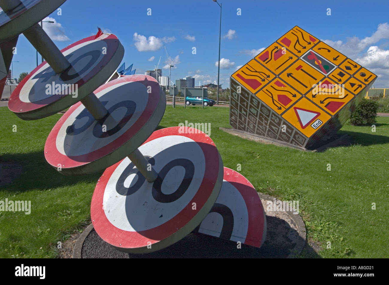 'Magic Roundabout' Road Sign Sculpture, Cardiff, Wales, UK Stock Photo ...