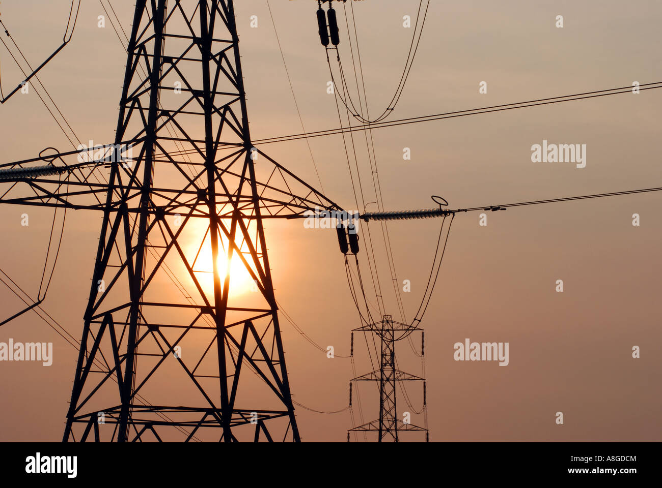 Electricity pylons at sunset, UK Stock Photo - Alamy