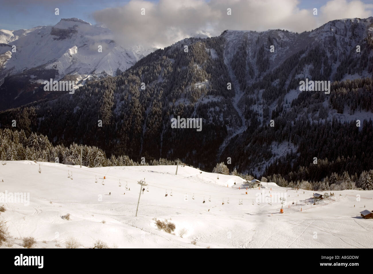 Samoens 1600 ski resort in winter Haute Savoie Rhone Alpes France Stock ...
